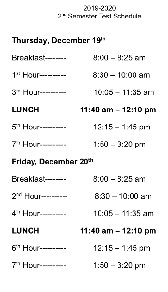 Geary Schools - Semester Test Schedule December 19-20