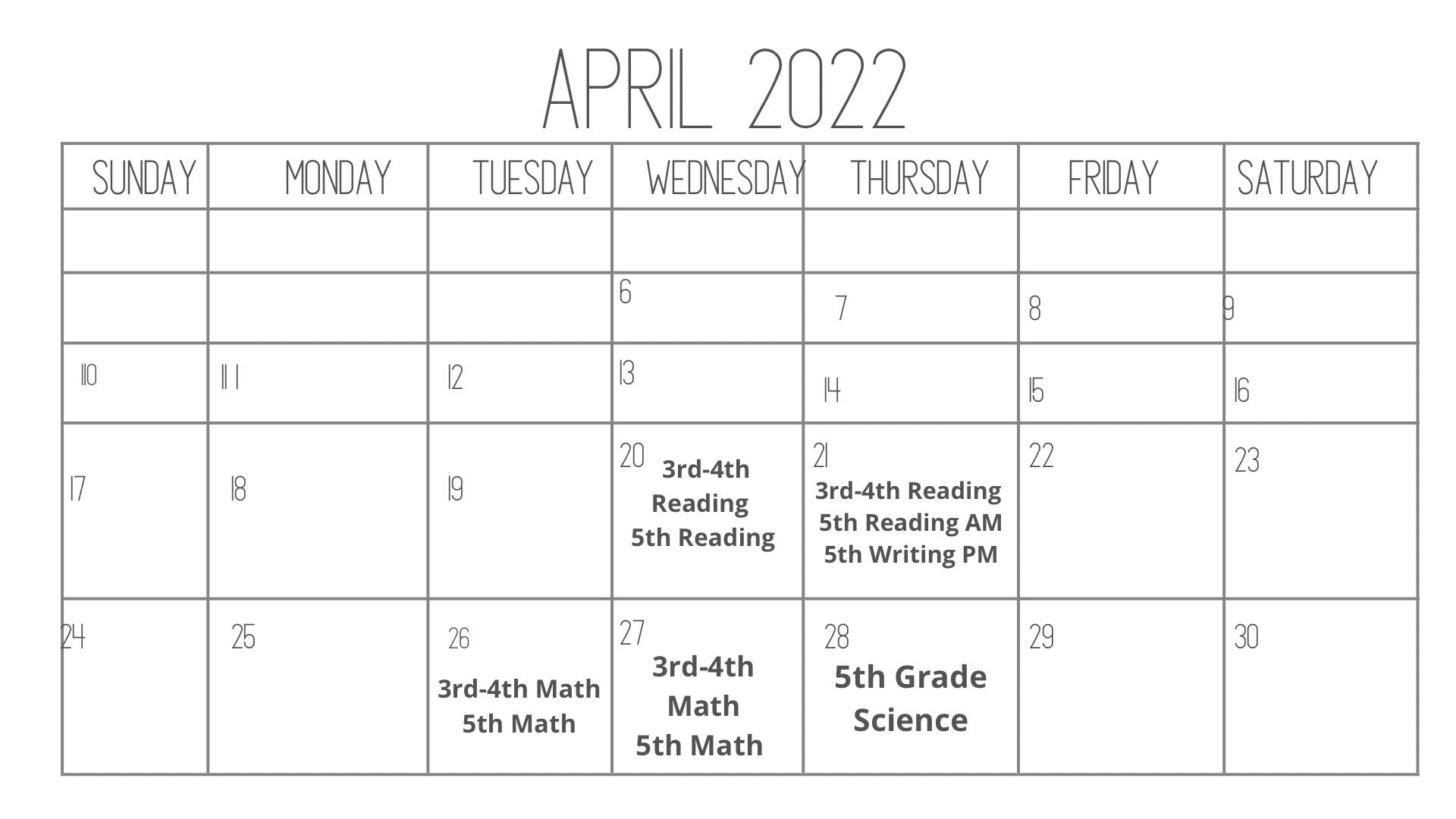 Geary Schools - State Testing Schedule for April